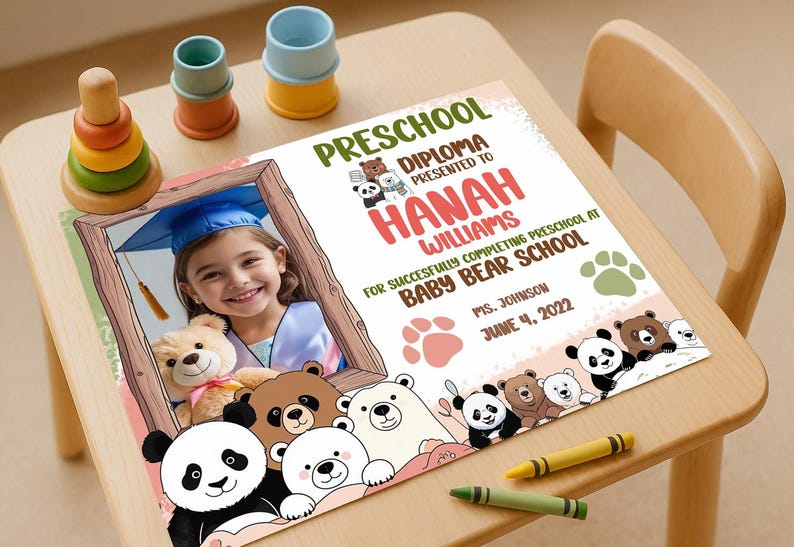 Editable Preschool Diploma Bear Theme, Canva Printable Certificate ...
