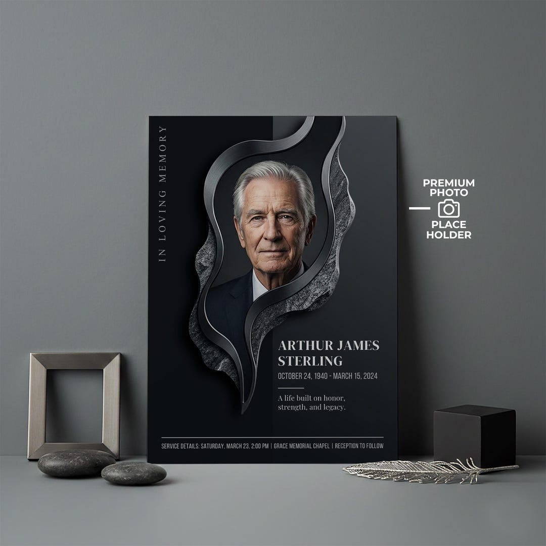 Modern Masculine Funeral Program Template Black Stone Memorial Service ...