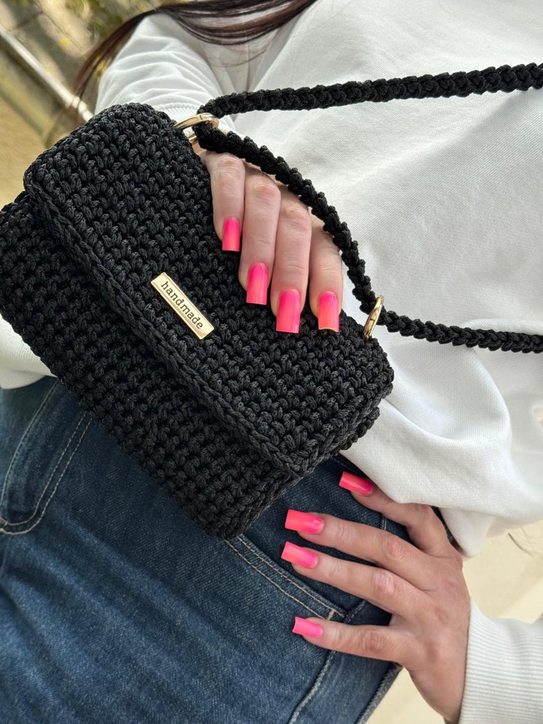 Hand‑knitted Black Mini Crossbody Bag – Lightweight Cotton Shoulder ...
