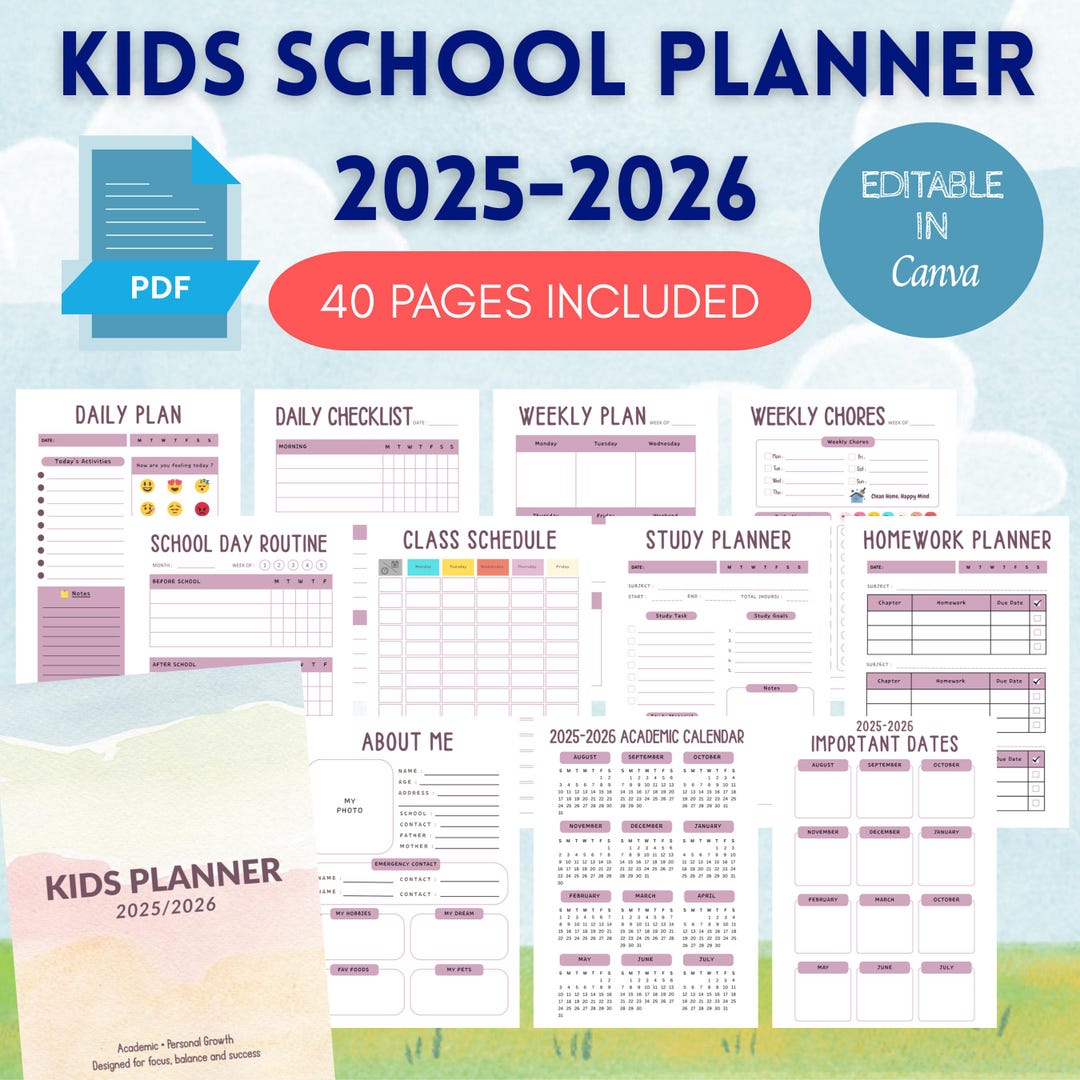 Kids School Planner 2025-2026, Printable and Editable Student ...