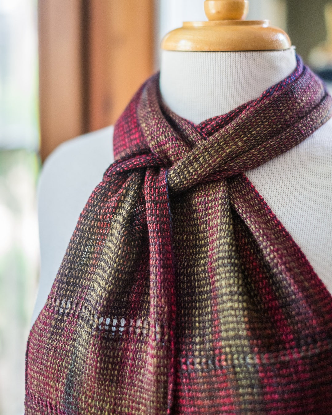 Petite Handwoven Rayon Scarf in Jewel Tones - Blue, Olive and Red Yarn ...