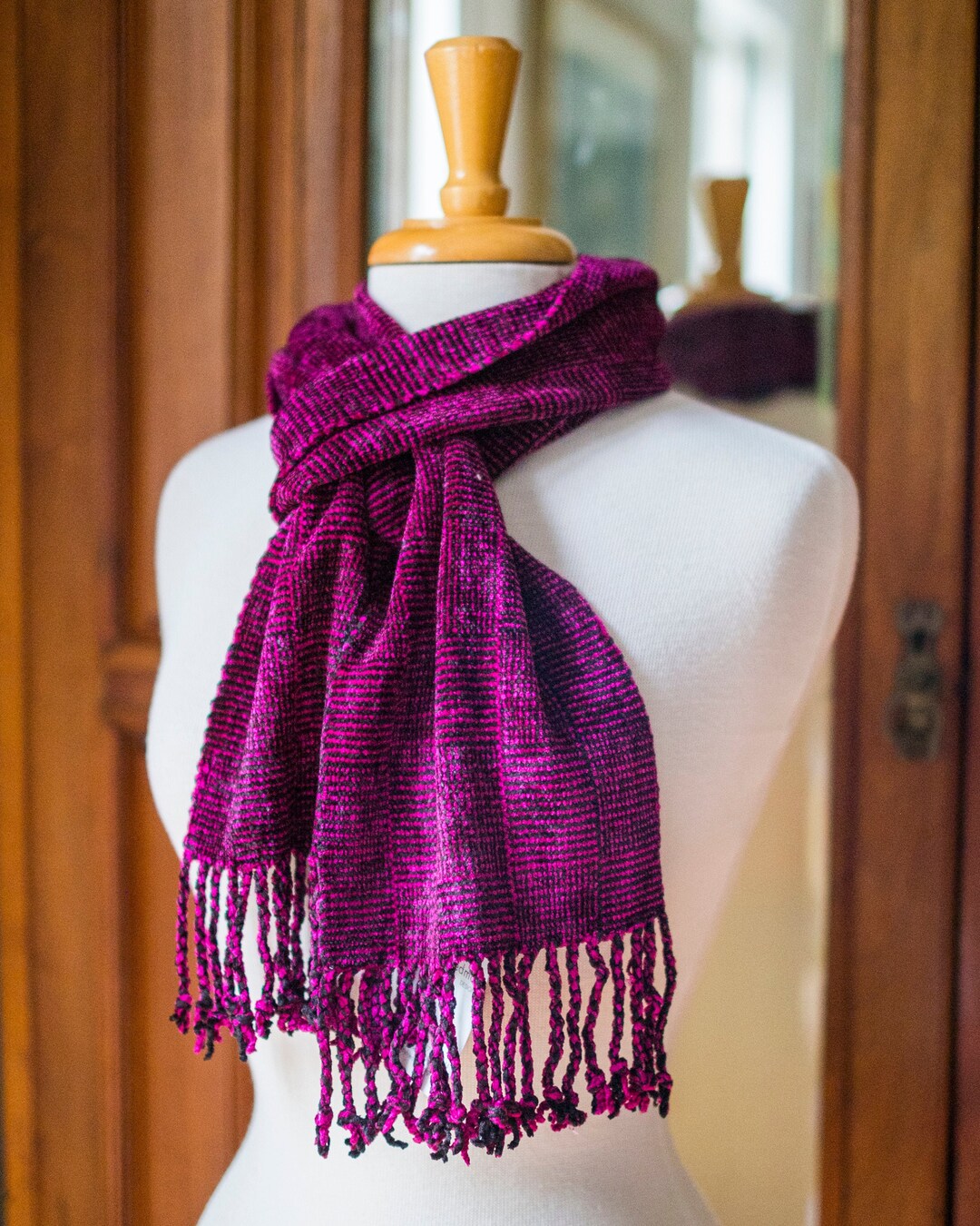 Handwoven Organic Bamboo Chenille Scarf in Fuchsia & Black Log Cabin ...