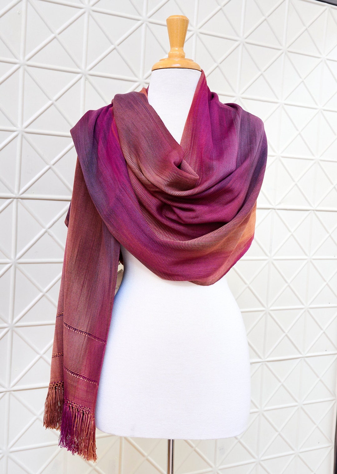 Handwoven Organic Bamboo Shawl in Rich Sunset Toned Yarn. Extra Wide ...