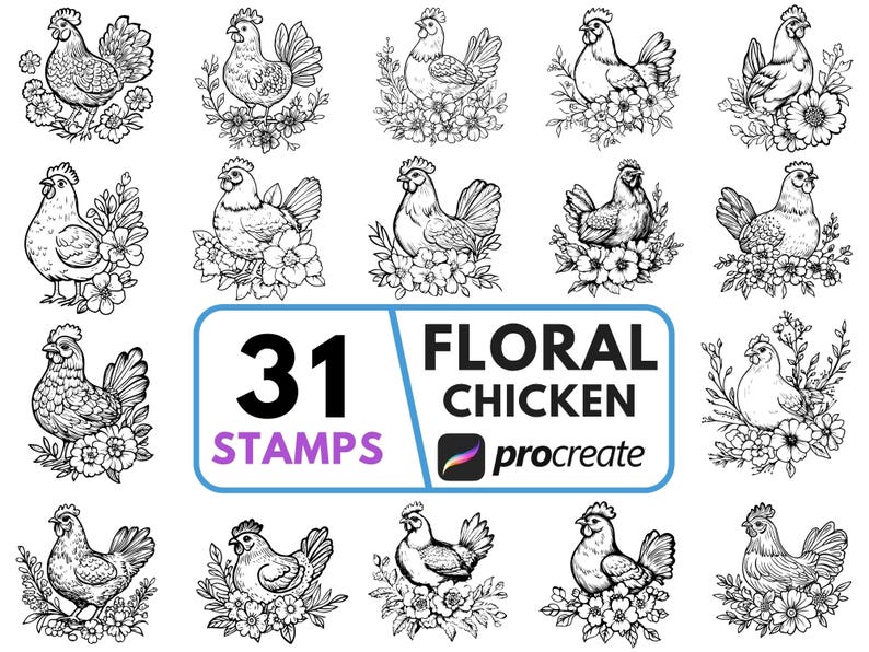 Floral Chicken Procreate Stamp, Farmhouse Animal Botanical Illustration ...