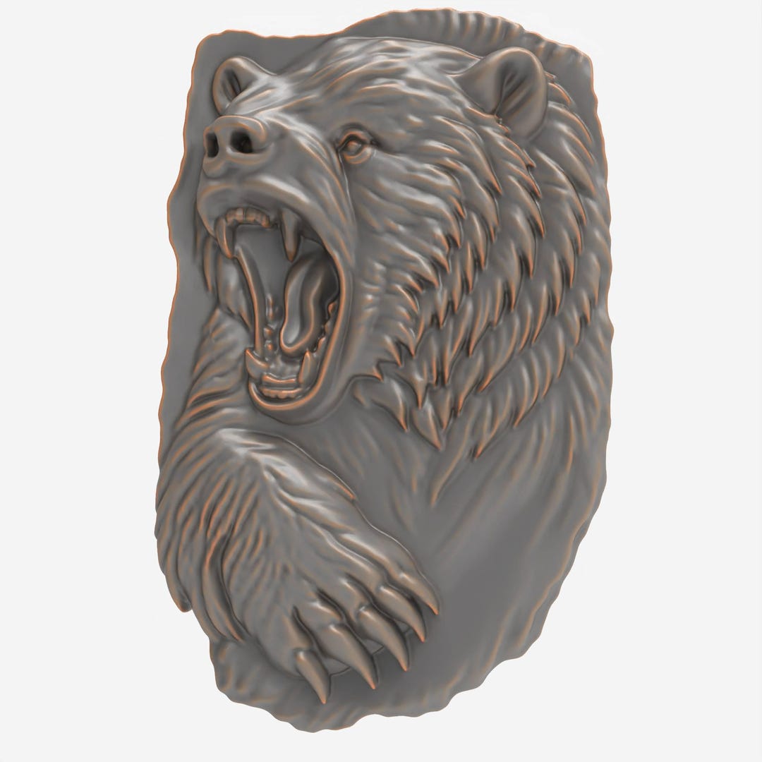 Fierce Grizzly Bear STL File Relief Wall Sculpture Roaring Animal Head ...