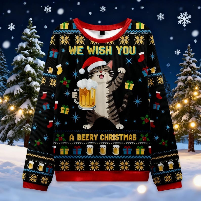 We Wish You A Beery Christmas Cat Ugly Sweater, Funny Drinking Beer ...