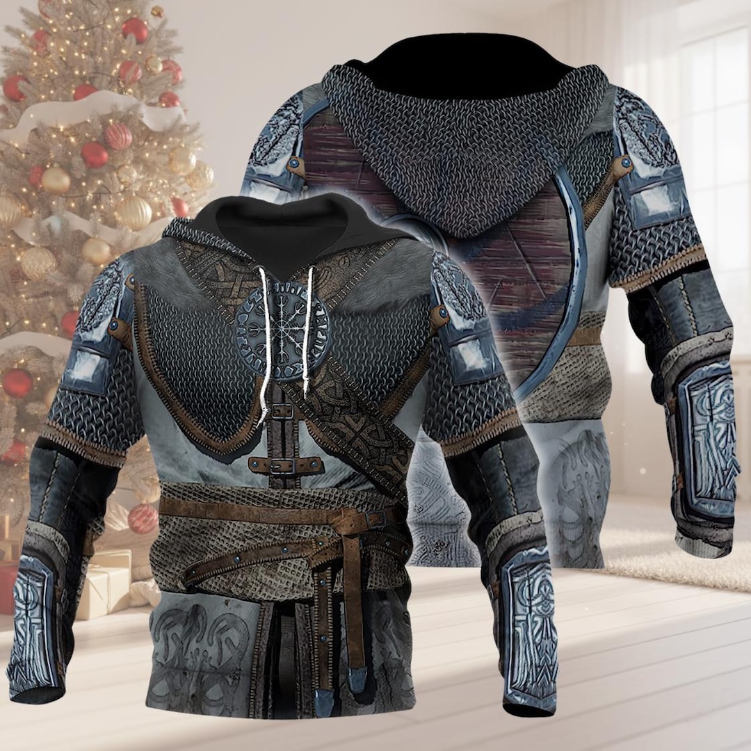 Viking Warrior Armor Hoodie, Norse Runic Chainmail Pullover, Medieval ...