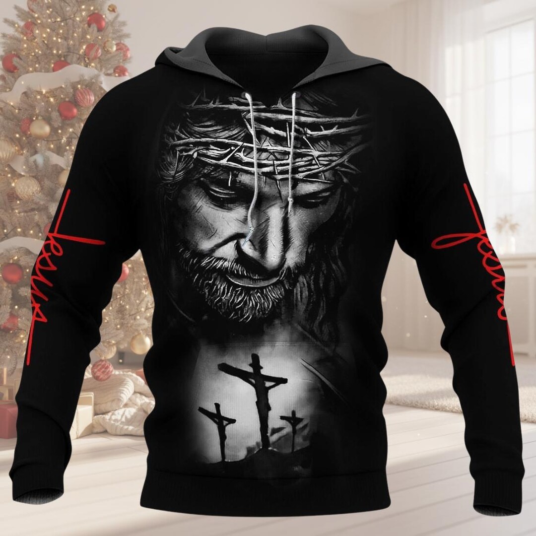 Jesus Christ Black Hoodie, Crown of Thorns Calvary Cross Pullover ...