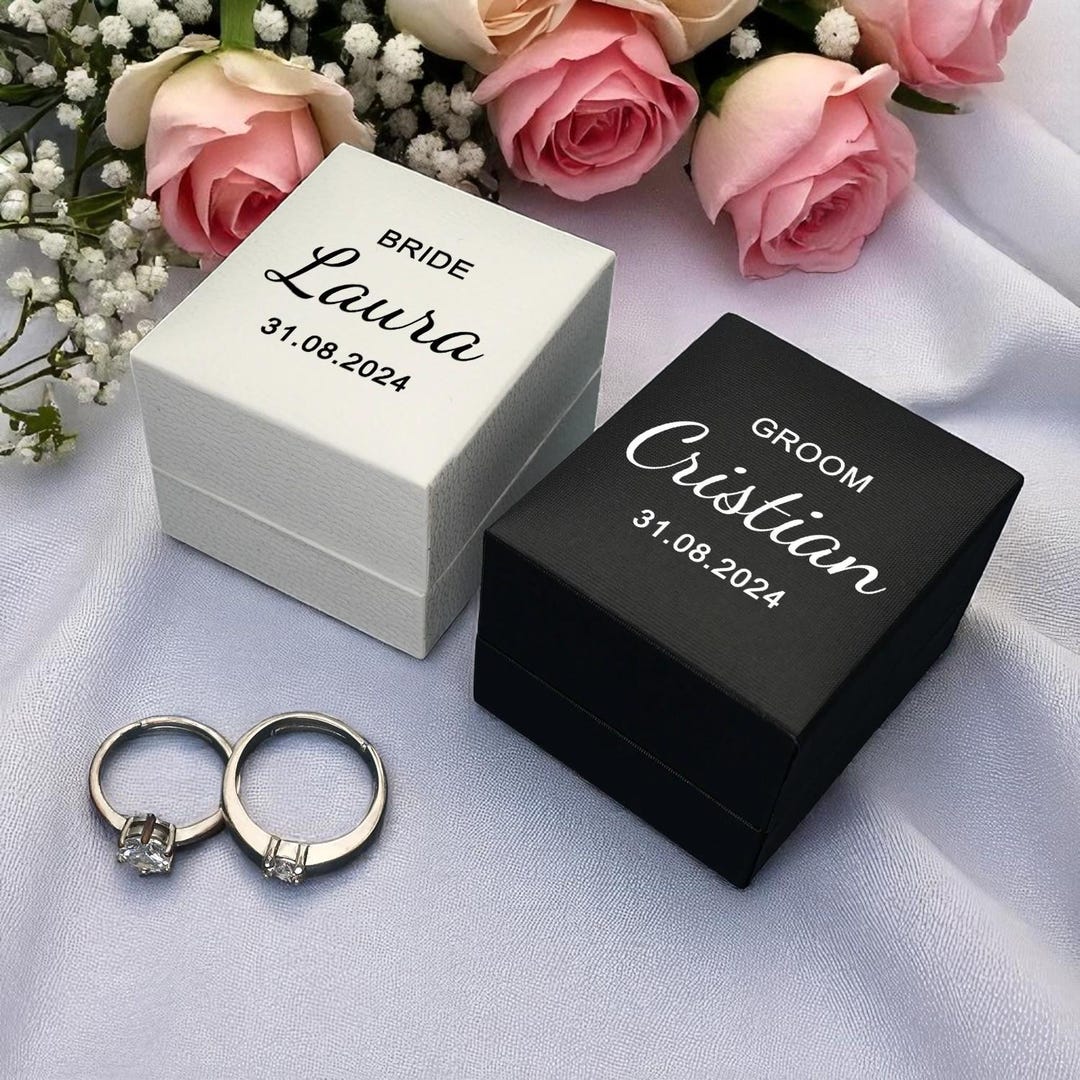 Personalized Ring Box Set: Black & White Leatherette Engagement ...