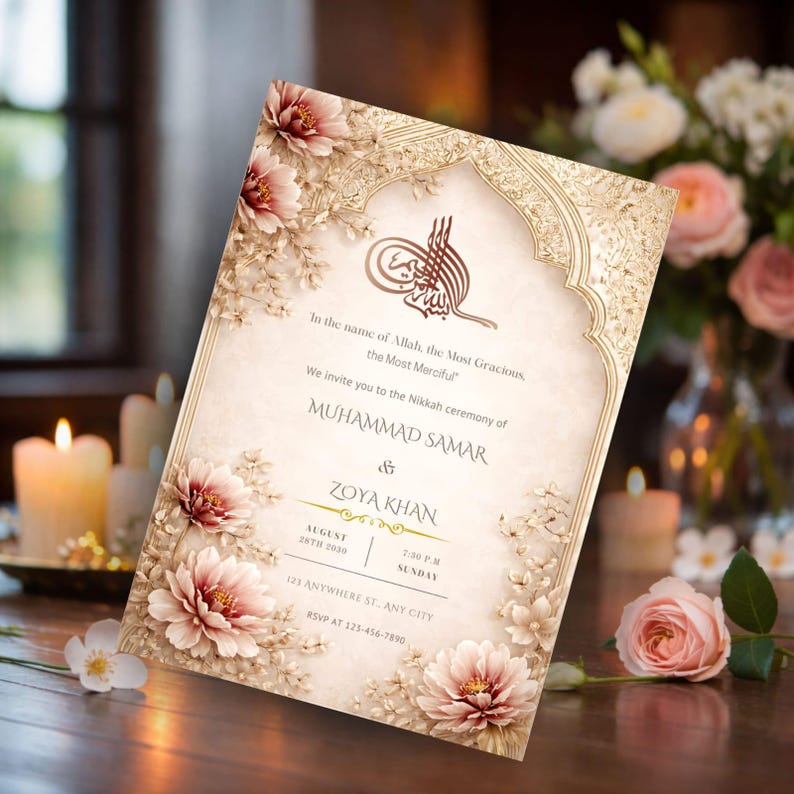 Elegant Islamic Wedding Invitation |arabic Calligraphy Nikkah Card ...