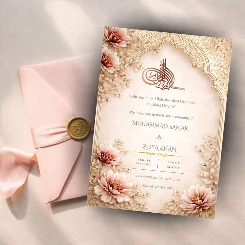 Elegant Islamic Wedding Invitation |arabic Calligraphy Nikkah Card ...