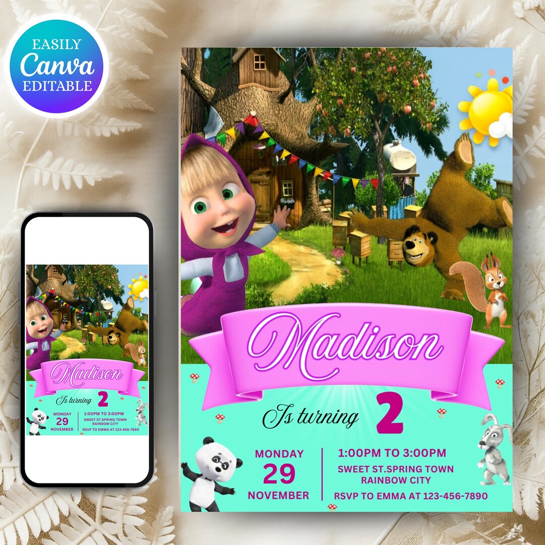 Masha and the Bear Invitation: Pink Canva Template (digital Download ...
