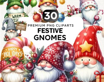30+ Christmas Gnomes Clipart Bundle, Watercolor Festive Gnomes Clipart ...