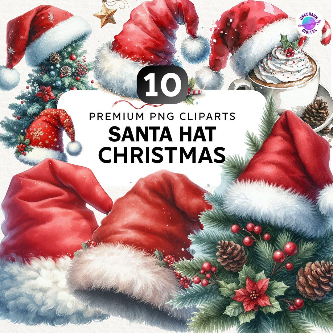 10+ Watercolor Santa Hat Clipart Bundle, Christmas Decoration Png ...