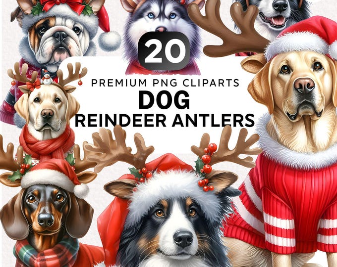 20+ Christmas Dog Clipart Bundle, Watercolor Dog Reindeer Antlers ...