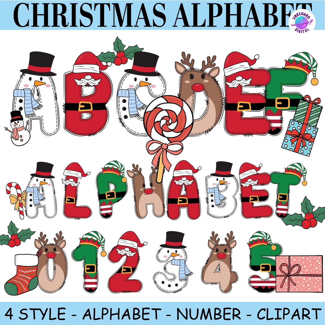 Christmas Letters Png Bundle, 4 PNG Doodle Alphabet, Santa Claus Png ...