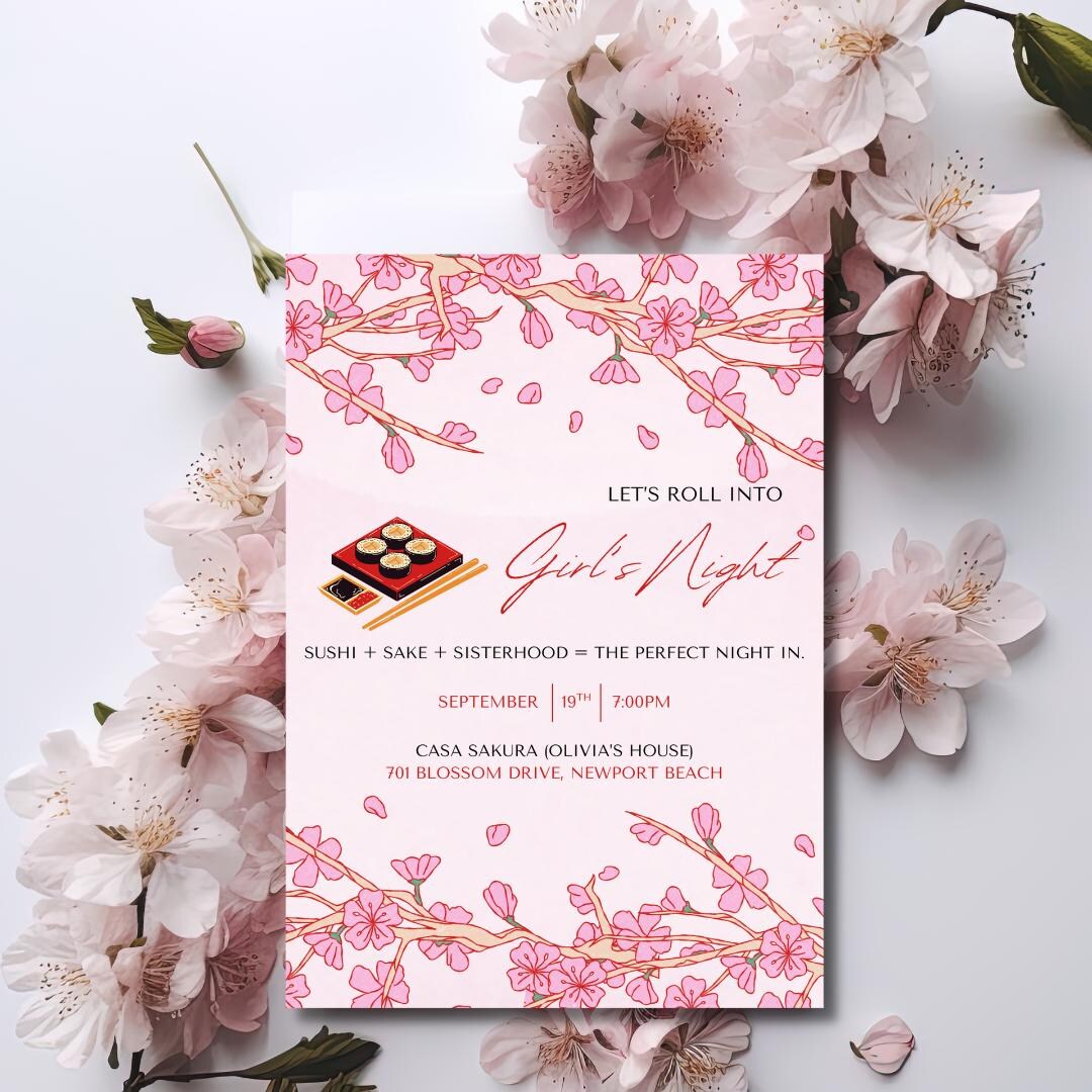 Girls Night Invitation | Editable Sushi & Sake Party Invite | Cherry ...