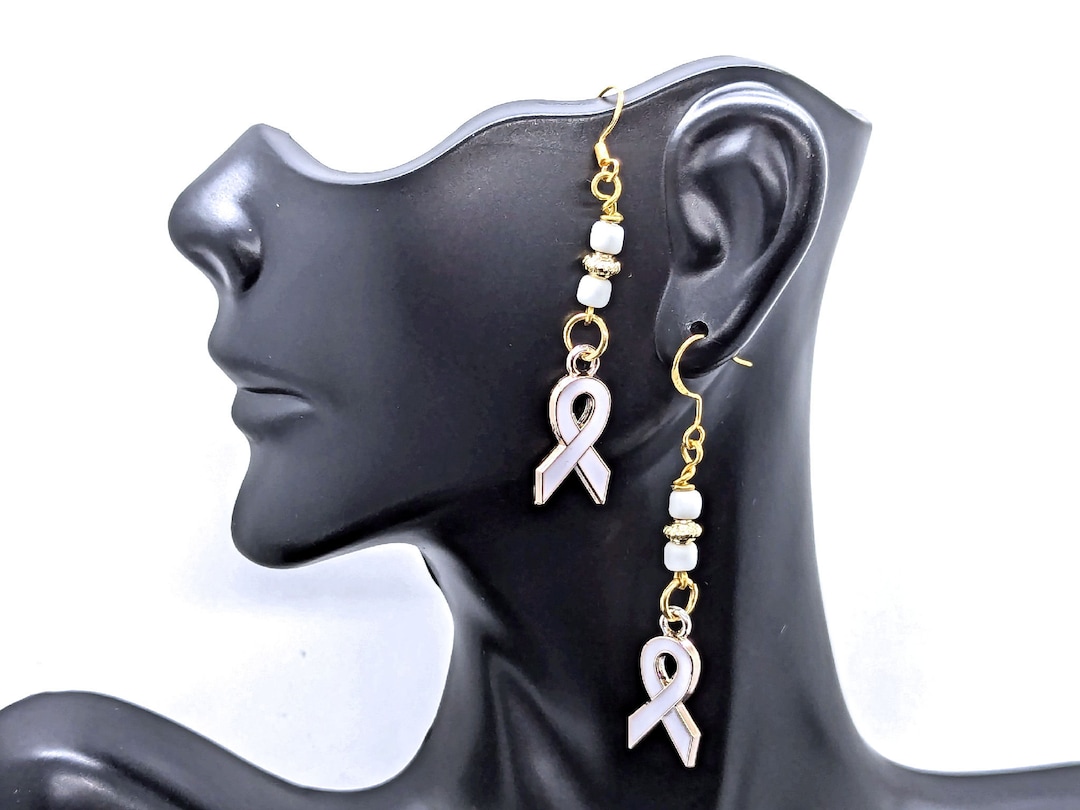 White Ribbon Gold Earrings, Lung Cancer Awareness Gift for Woman Mother ...