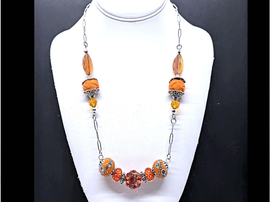 Boho Orange Statement Necklace - Big Beads, Lampwork Glass and Fabric ...