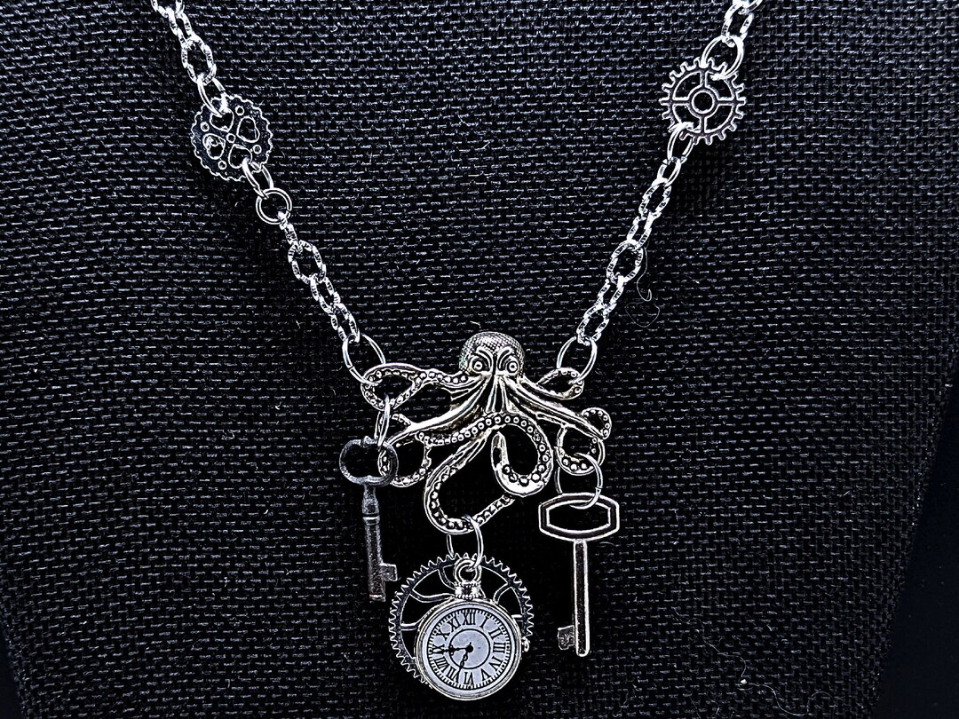 Silver Steampunk Style Octopus Chain Necklace With Gears Keys ...