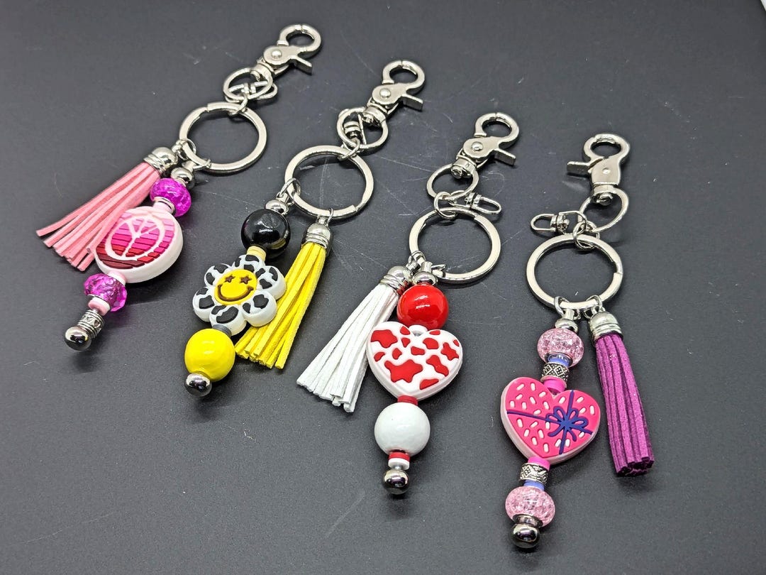 Silicone Bead Key Ring, Beaded Keychain, Heart Peace Sign Flower Tassel ...