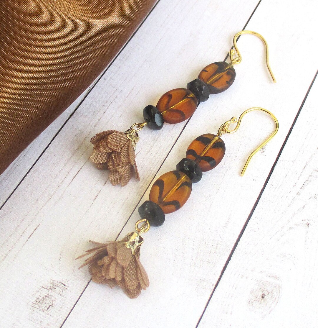 Tortoise Shell Pattern Chiffon Fabric Flower Tassel Earrings, Cute ...