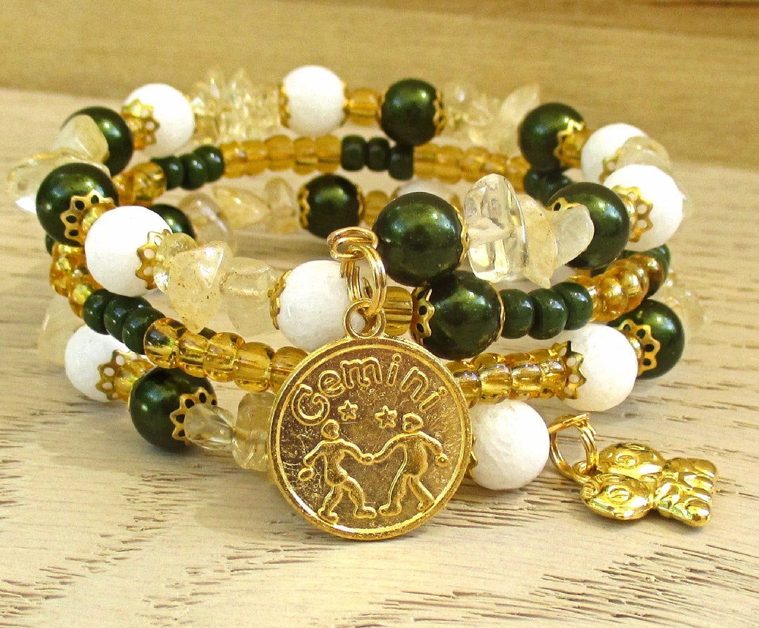 Gemini Gemstone Gold Bracelet With Citrine Chips, Pearls, White Jade ...