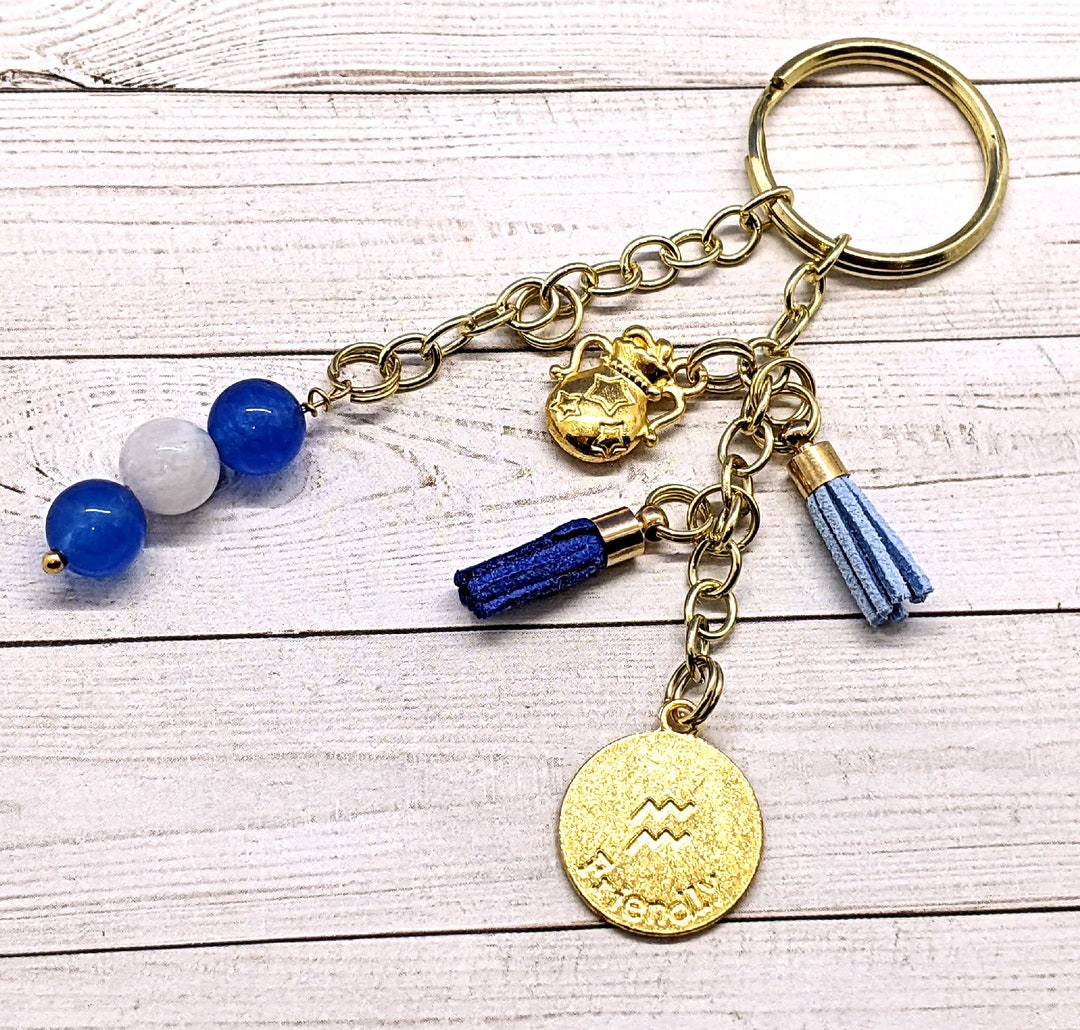 Aquarius Zodiac Keychain, Charm Key Ring With Tassels and Gemstone ...