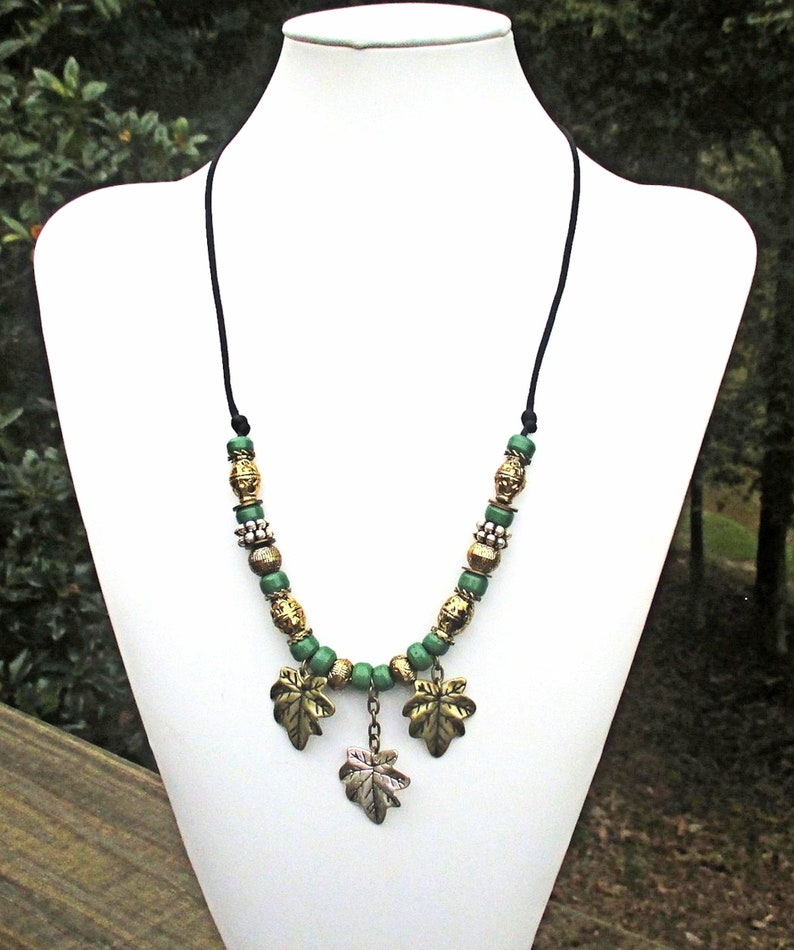Leaf Pendant Necklace, Nature Jewelry, Green Wood Bead Necklace, Druid ...