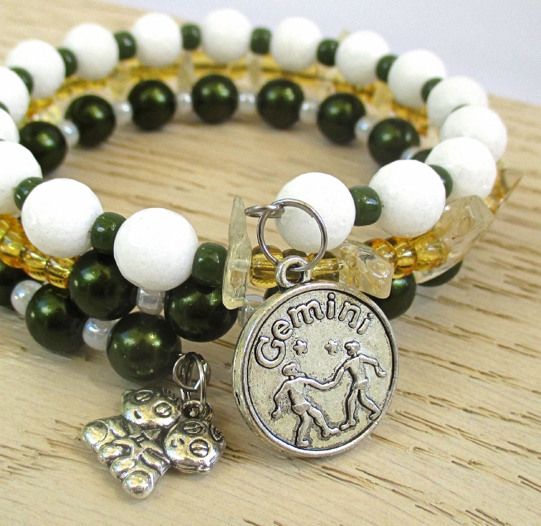 Gemini Gemstone Silver Bracelet Stack With Gemini Charms, Citrine Pearl ...
