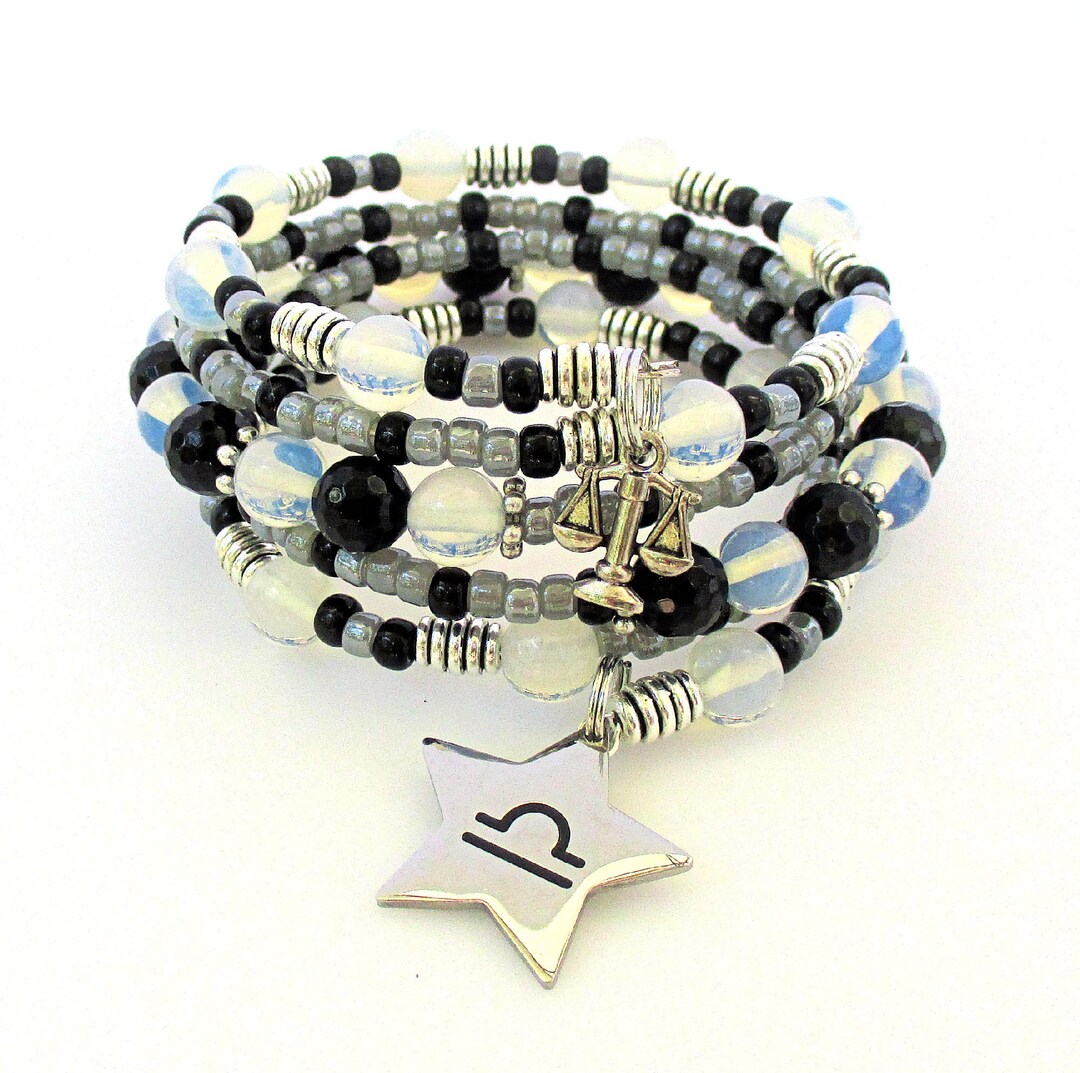 Libra Charm Bracelet Stack With White Opalite and Black Onyx, September ...