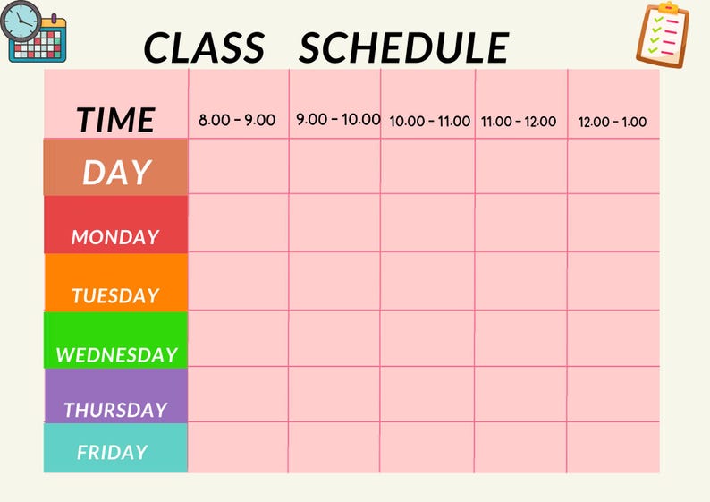 Printable Class Schedule Template, Easy Editable, Weekly School Planner ...