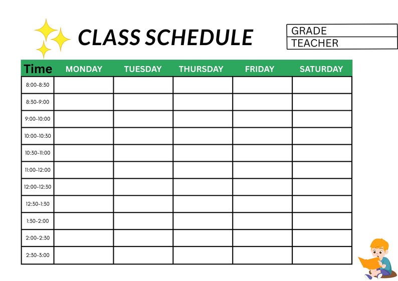 Printable Class Schedule Template, Easy Editable, Weekly School Planner ...
