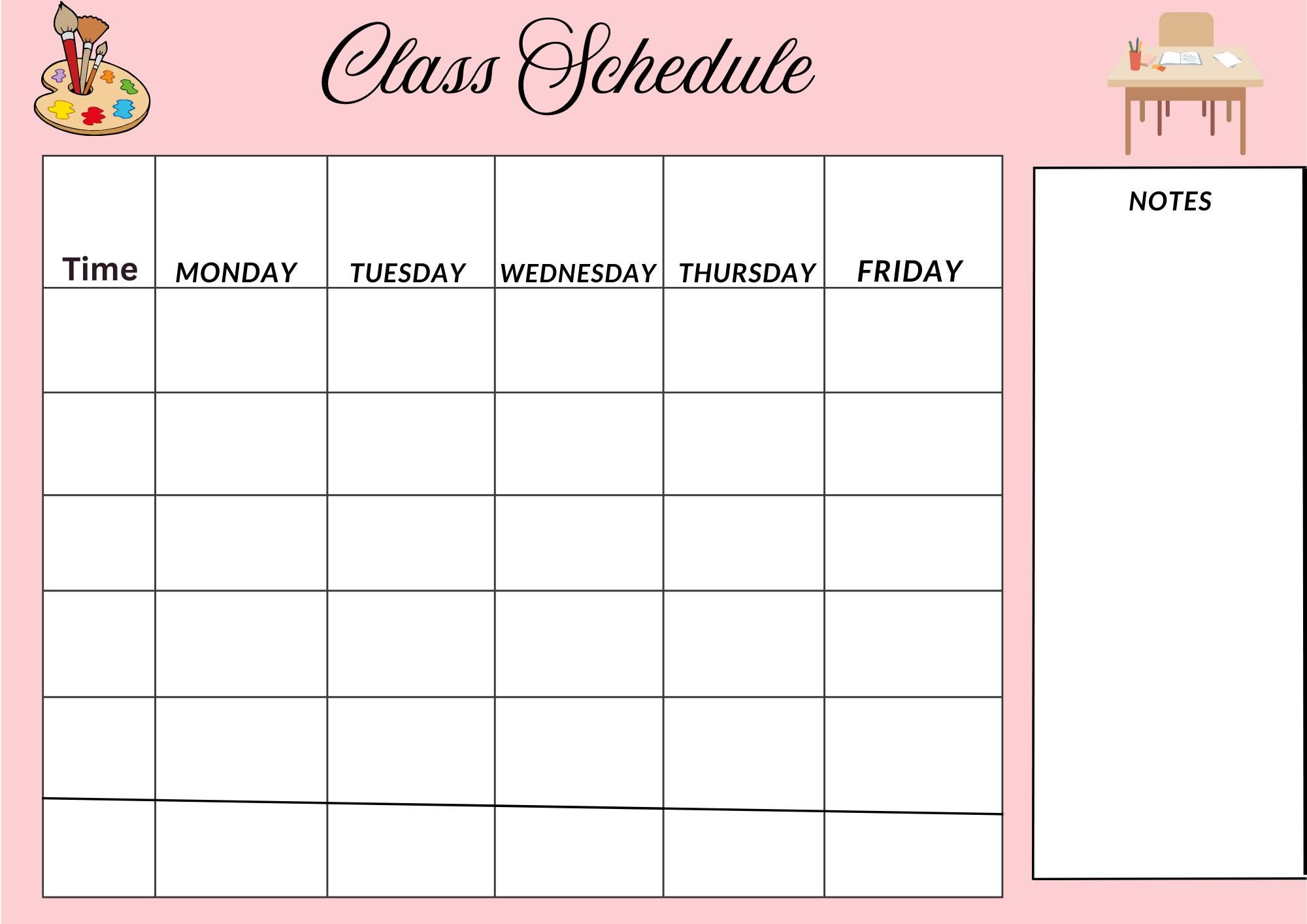 Printable Class Schedule Template, Easy Editable, Weekly School Planner ...