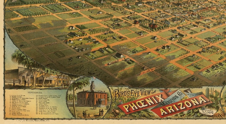 Phoenix AZ Birds Eye View Map 1885 - Etsy