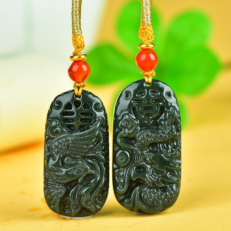 Hand-carved Black Jade Dragon & Phoenix Pendant Set: Symbol of Harmony ...