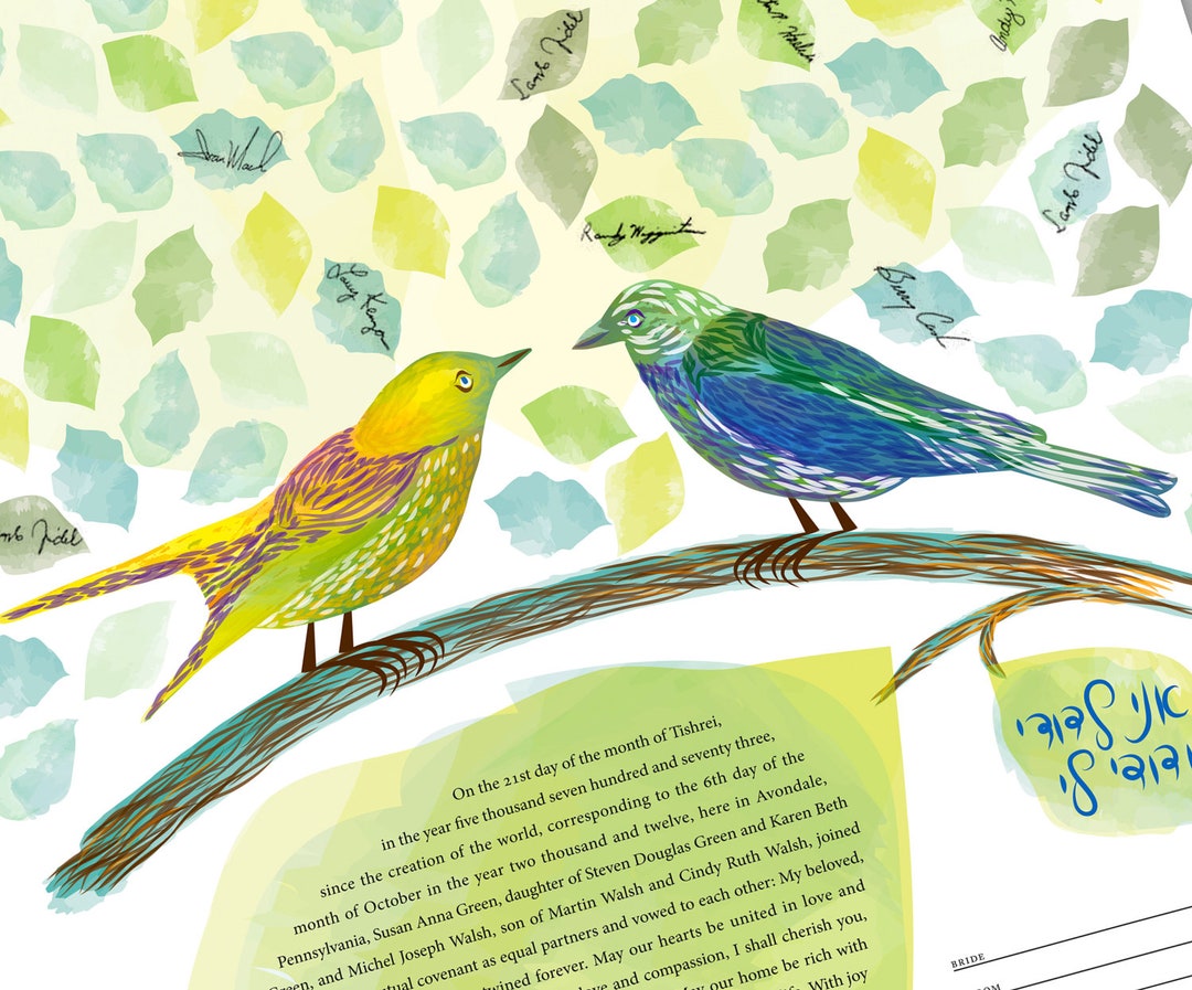 Ketubah Signing Tree || Love Birds || Quaker Vows, Reform Ketubah ...