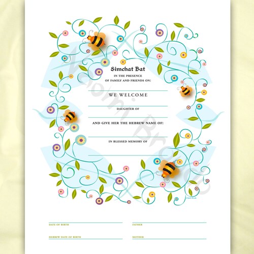 Digital/editable Download Simchat Bat Certificate Baby - Etsy