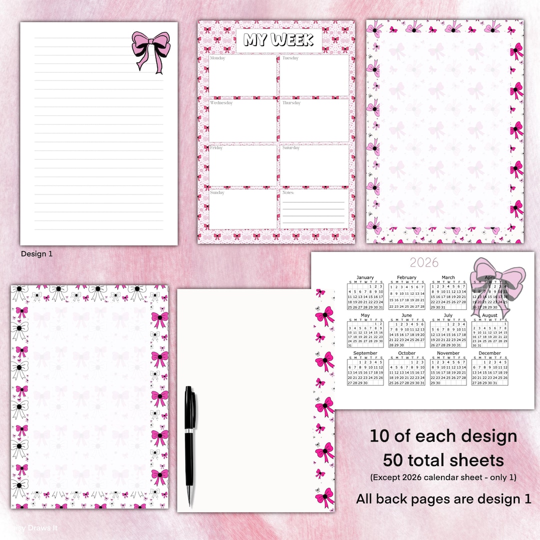 Pink Bow Planner Inserts – 50-pack Blank / To-do Pages / Undated ...