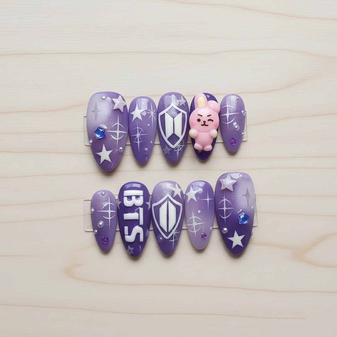 Purple Galaxy B.T.S ARMY Press on Nails, Handmade Glitter Kawaii BT21 ...