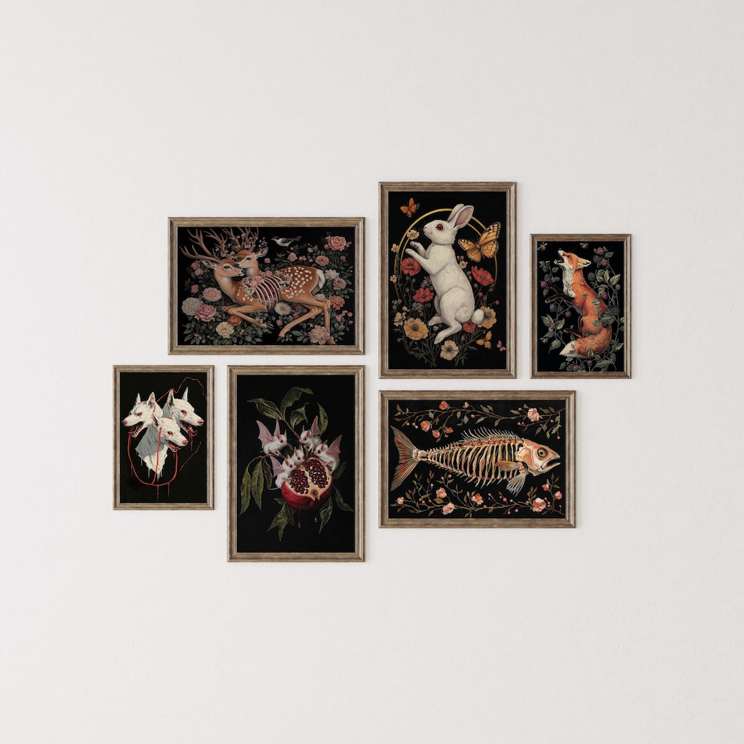 Set of 6 Animal Macabre Painting, Dark Maximalist Prints, Gallery Wall ...