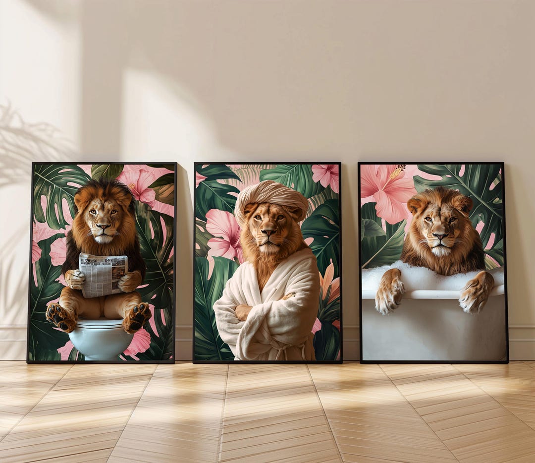 Lion on Toilet Print, Cute Bathroom Print, Gallery Wall Art Set of 3 ...