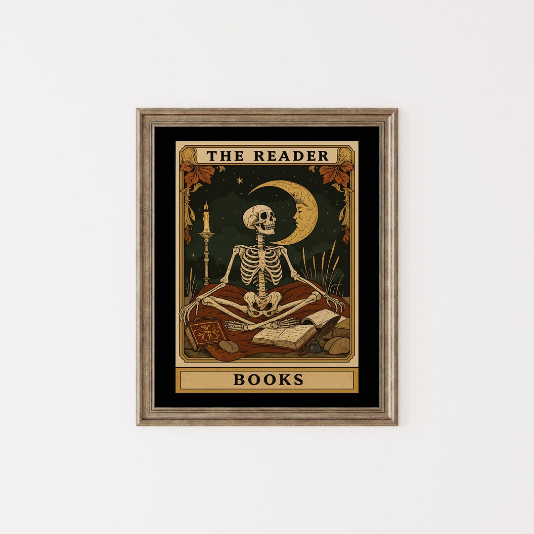 The Reader Tarot Print, Skeleton Reader Tarot Card Wall Art, Book Lover ...