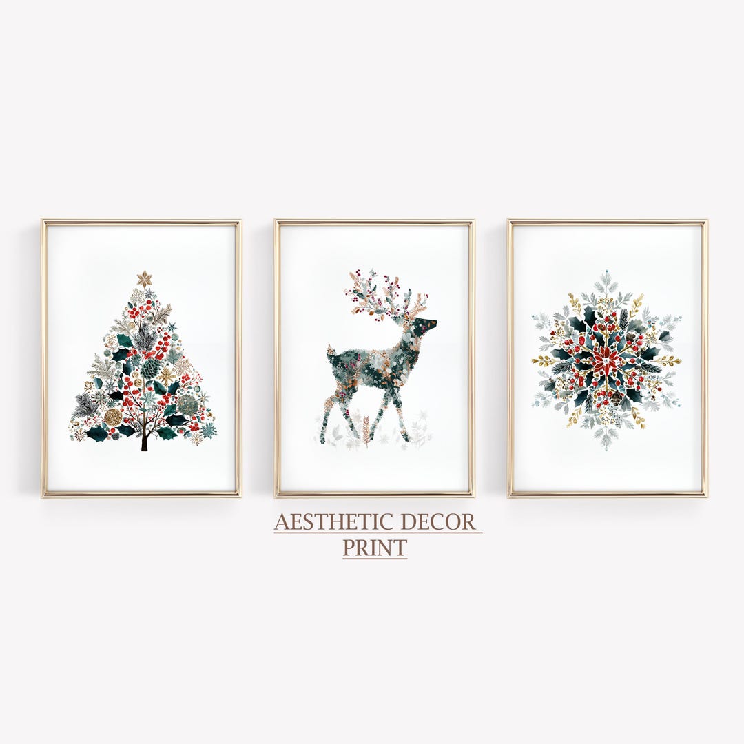 Christmas Stylized Prints, Gallery Wall Art Set of 3, Xmas Tree ...