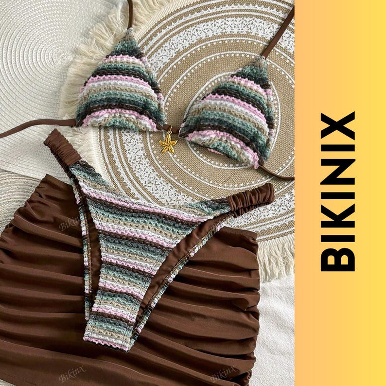 Wave Knit Bikini 3 Piece Set – Boho Halter Top, Matching Cover-up Skirt ...