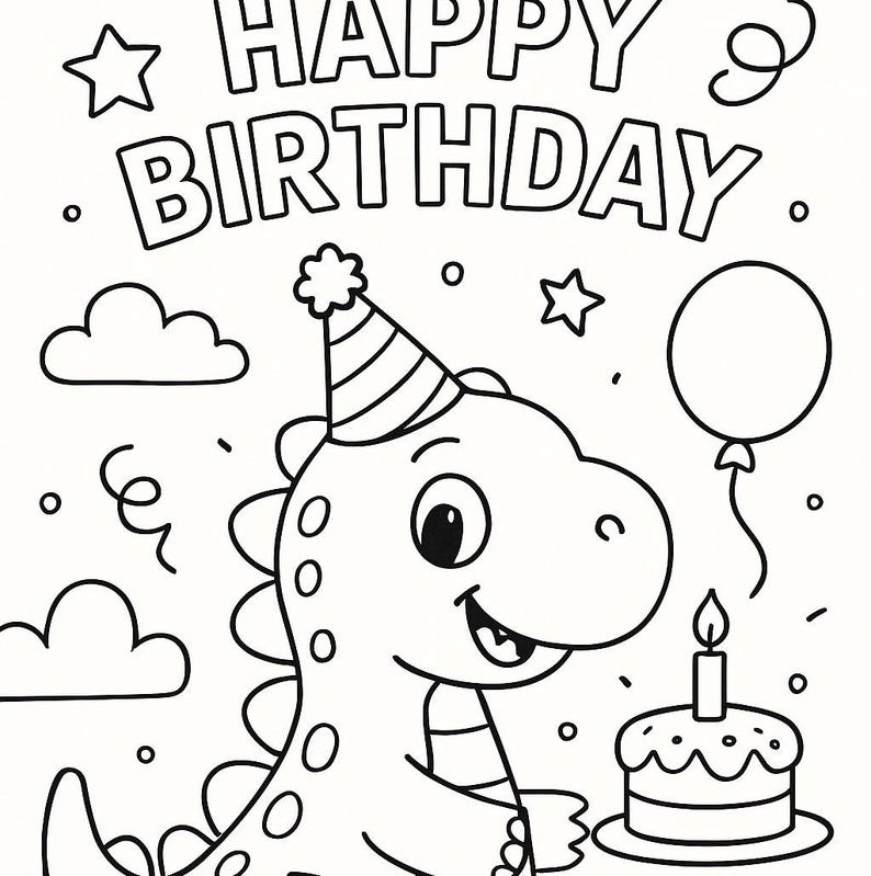 Dinosaur Birthday Coloring Page – Printable Party Activity for Kids ...