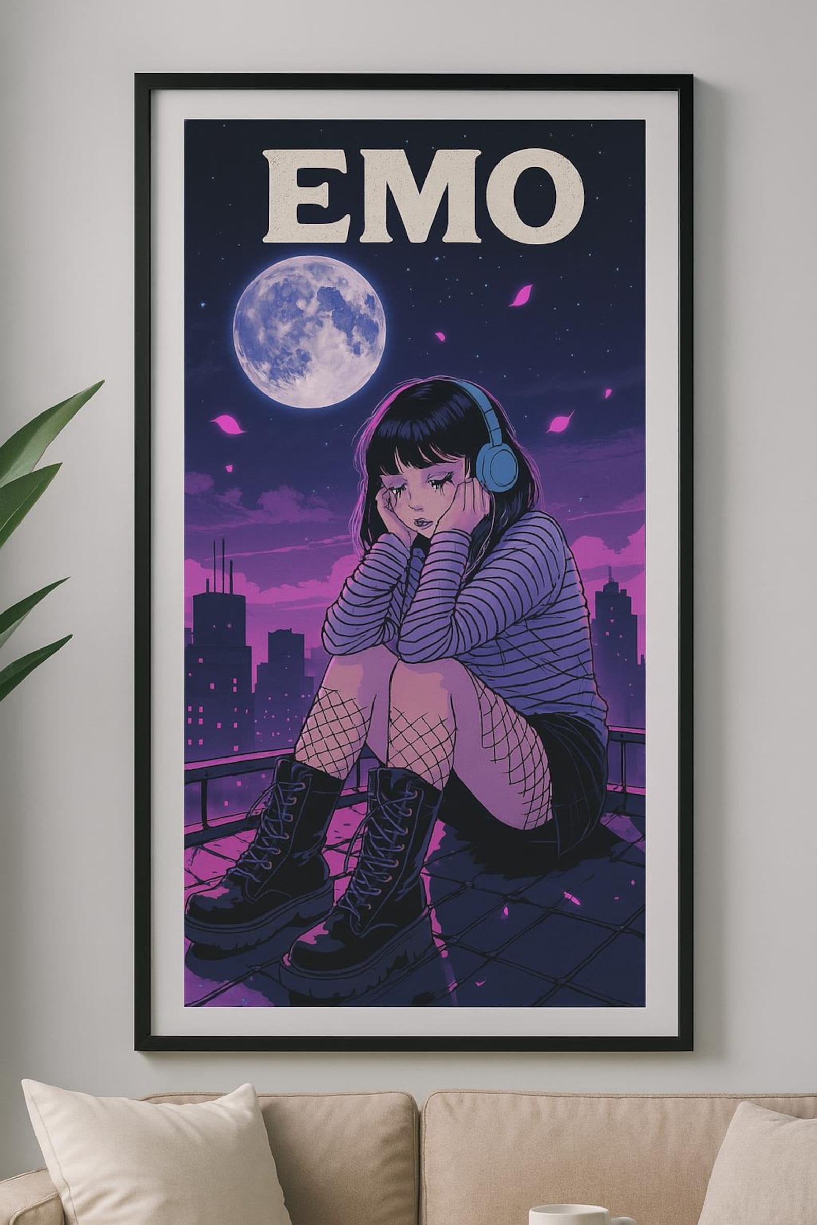 Sad Girl Moonlight Digital Wall Art Print Anime Goth Aesthetic Rooftop ...