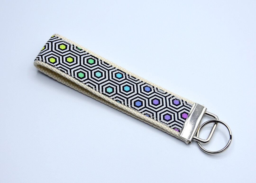 Tula Pink Fabric Key Chain Keyfob Wristlet Bright Geometric Hexies Key ...