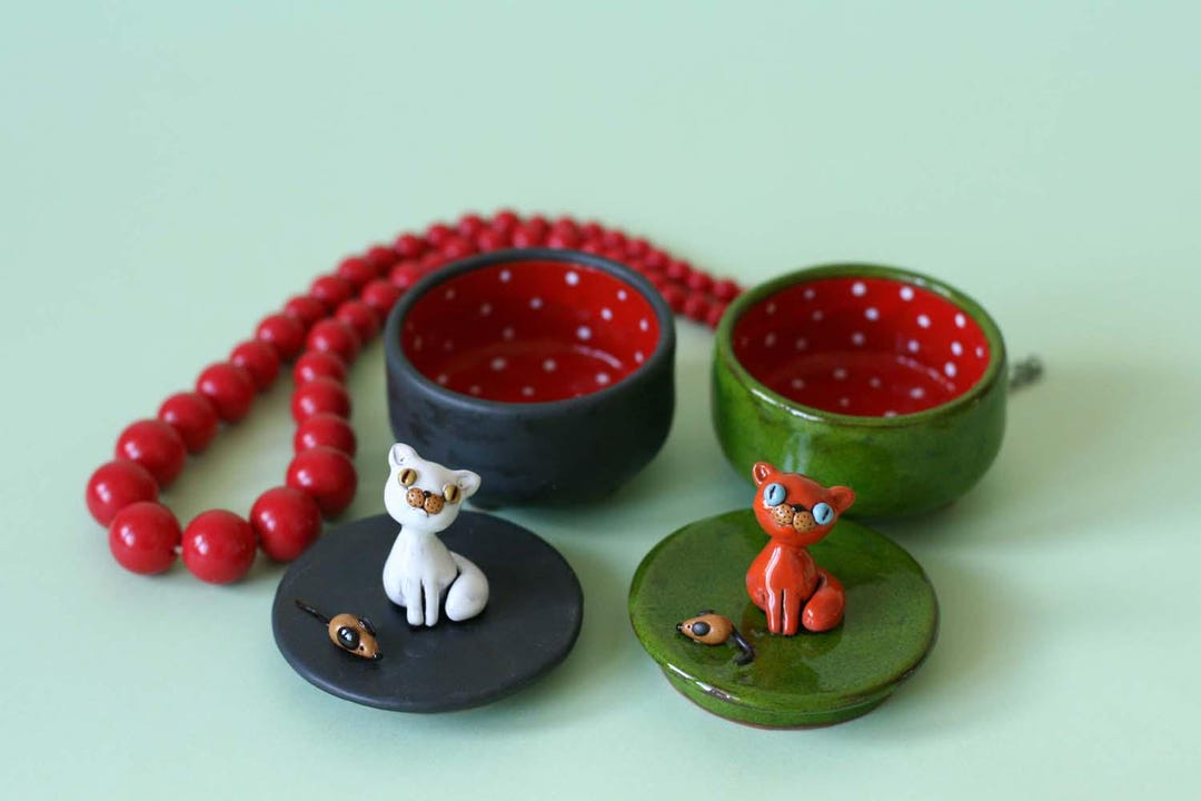 Mini Jewelry Boxes With Kitten Miniature, Small Round Ceramic Jewelry ...