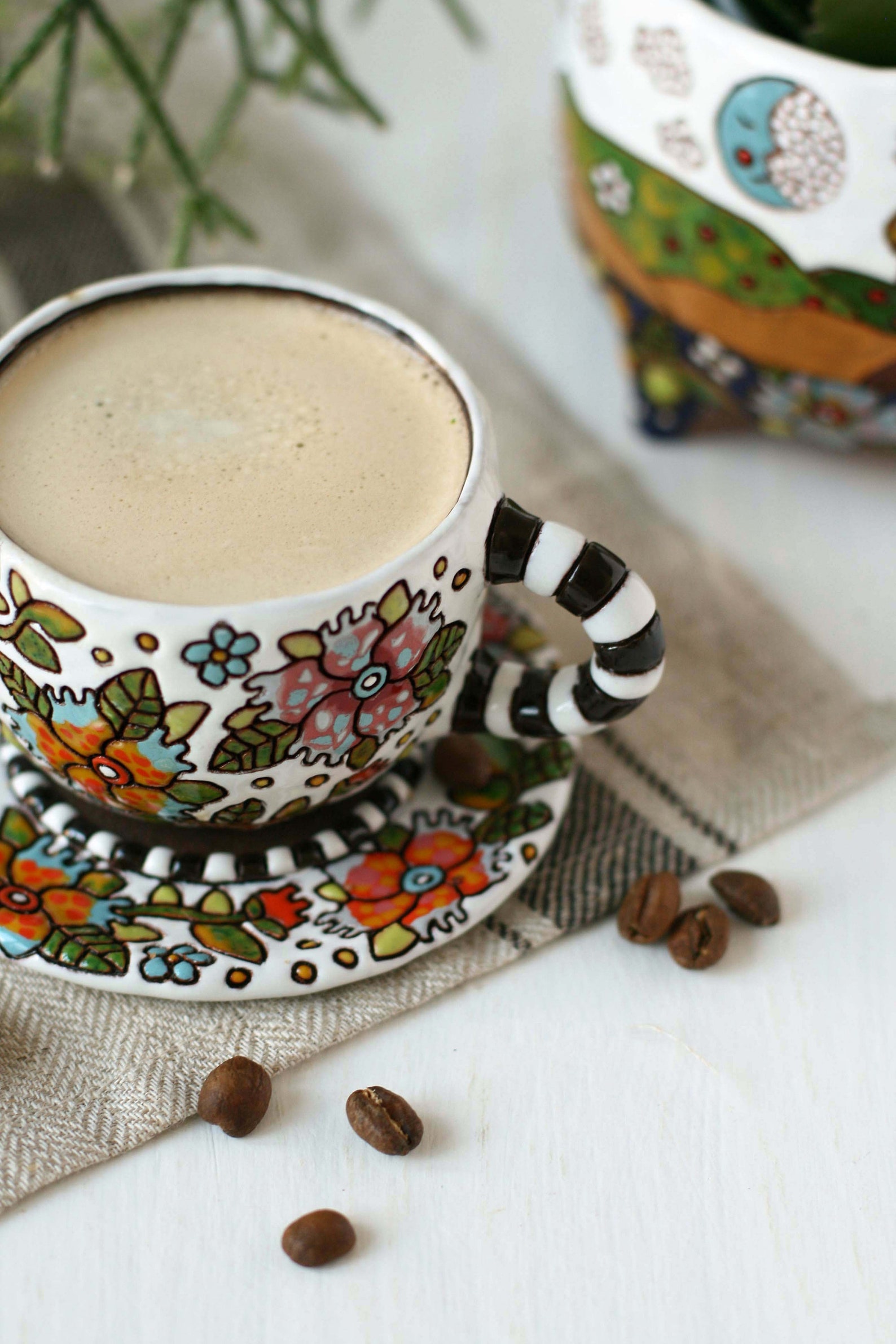 Floral coffee cups cup and plate handcarved floral pattern | Etsy